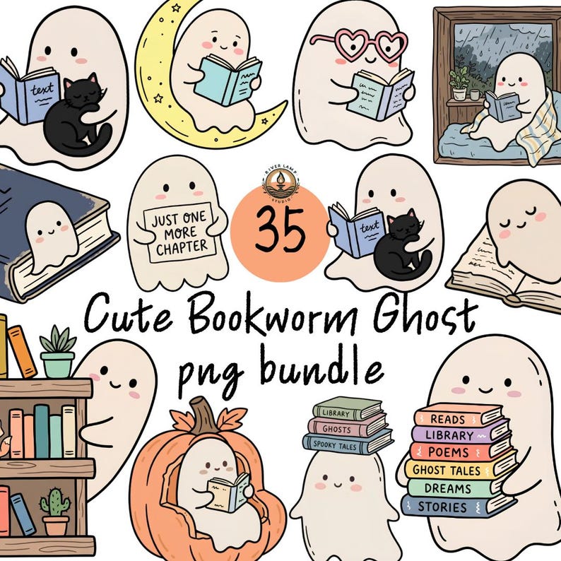 Cozy Bookworm Ghost Clipart PNG Bundle Pack, Kawaii Spooky Halloween ...