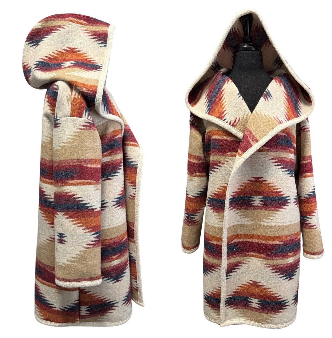 Wool Blend Cardigan Coat With Deep Hood in Southwest Print Desert ...