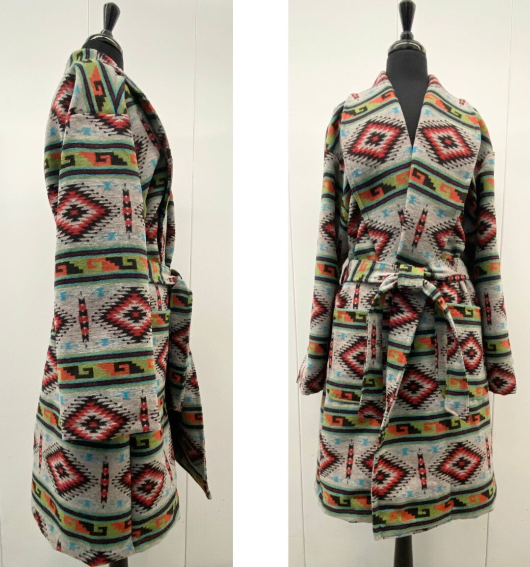 Wool Blend Robe Coat With Shawl Collar in Colors Grey Green Blue Orange ...