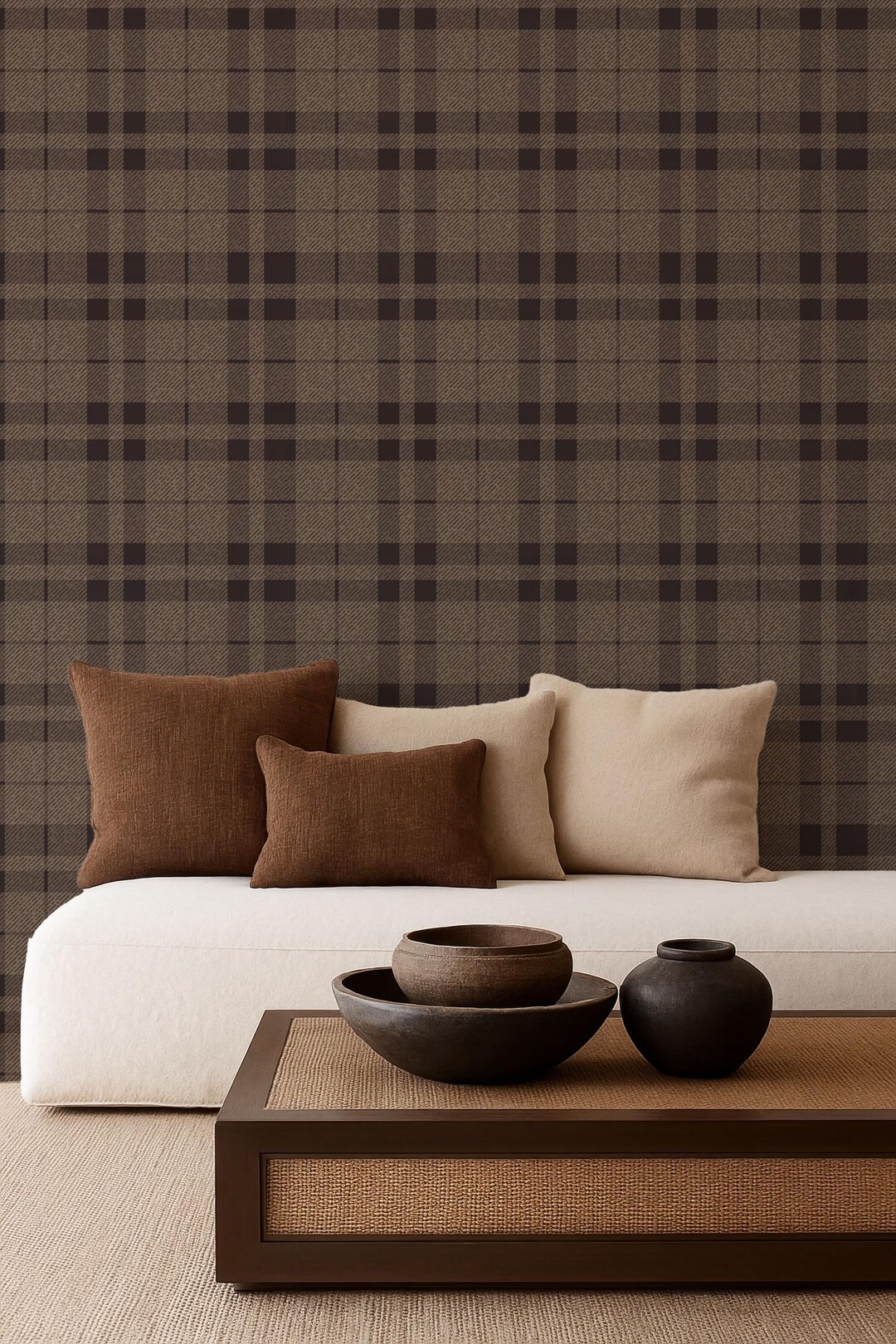 Brown Plaid Wallpaper - Modern Rustic Lodge Decor, Warm Neutral Tones ...