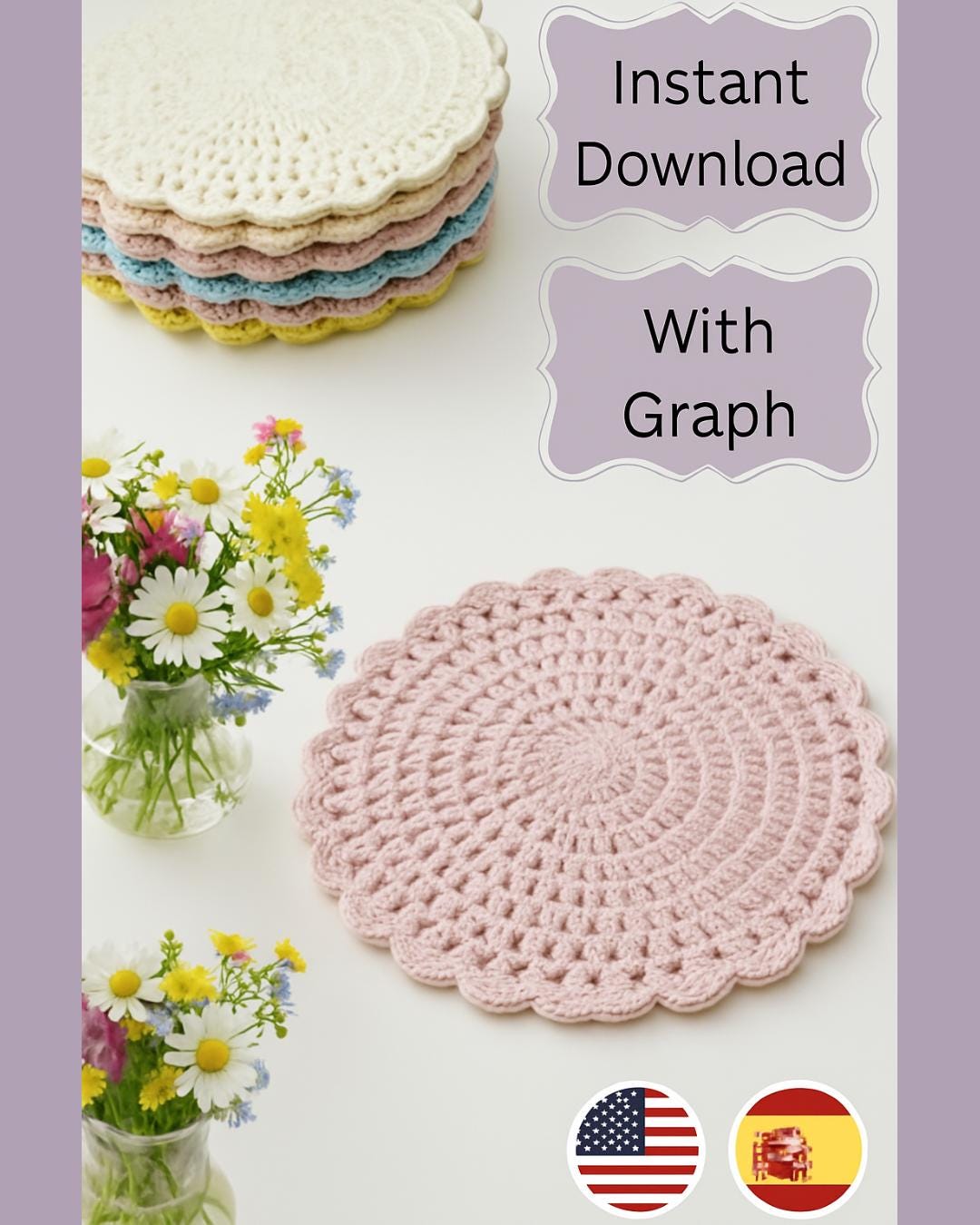 Crochet Lace Placemat Pattern – Round Doily PDF (english + Spanish) - Etsy