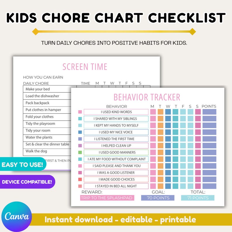 Kids Chore Chart Printable | Responsibility Tracker Checklist Digital ...