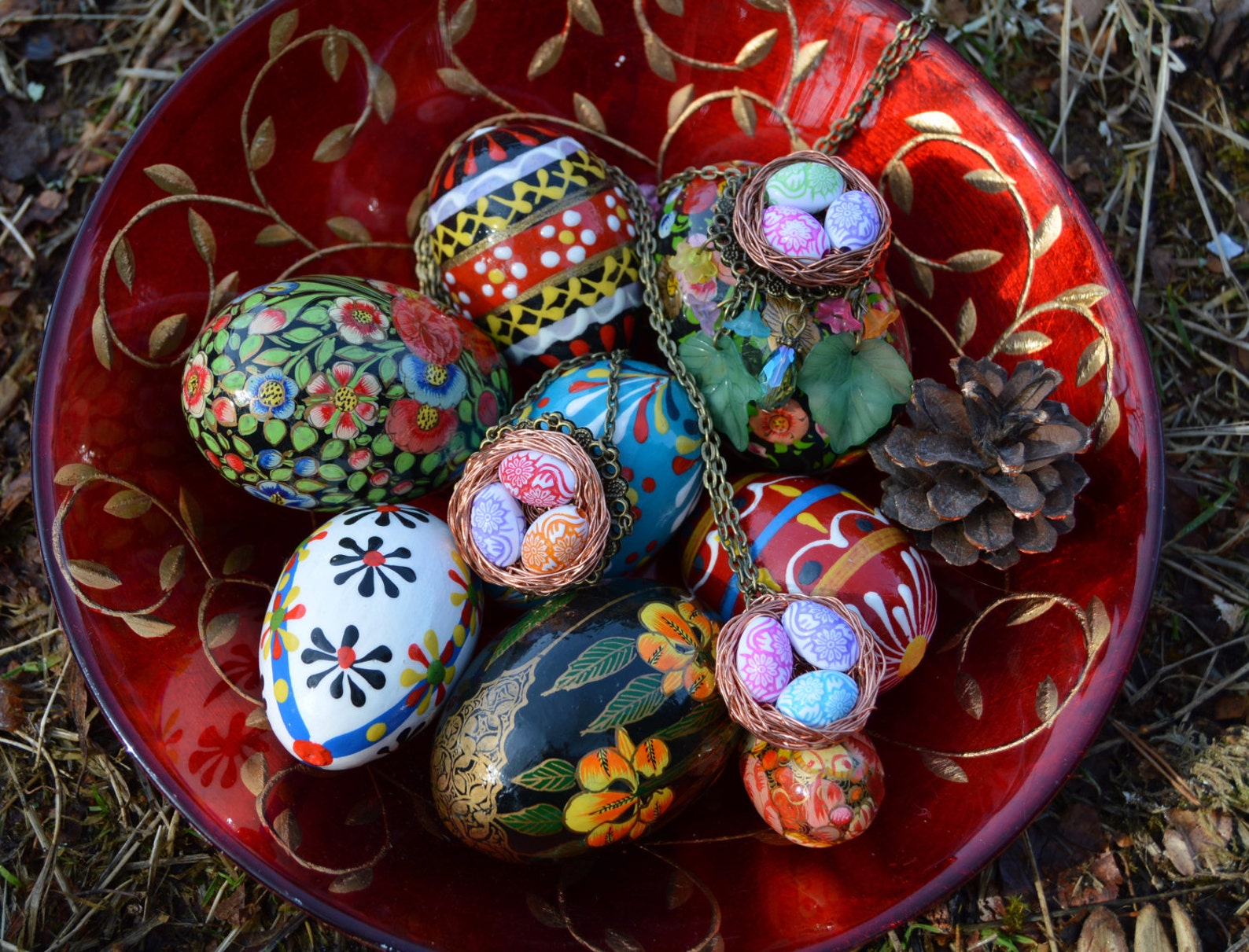 Easter Egg Necklace, Birds Nest Pendant, Pisanki Eggs Easter Necklace ...