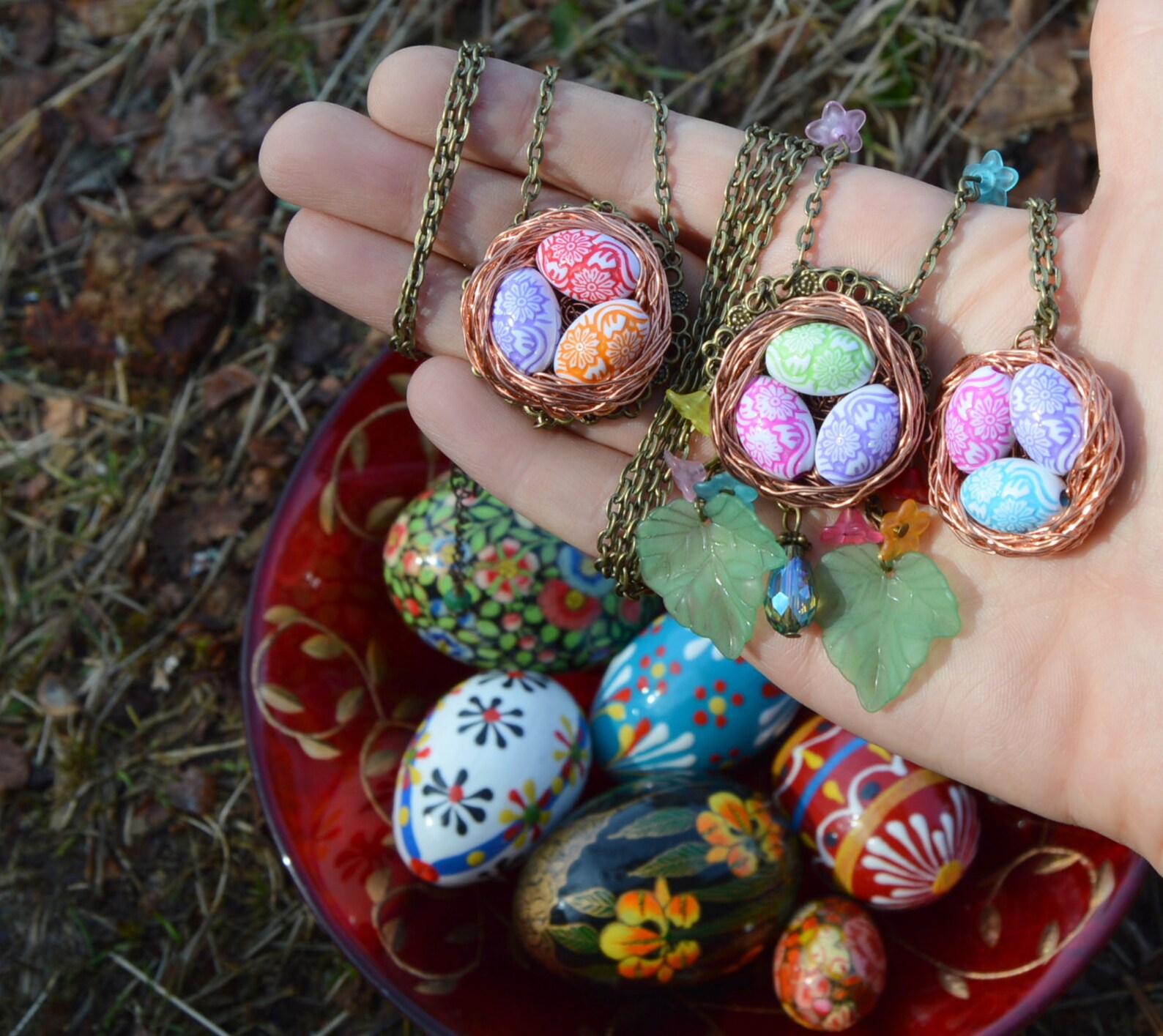 Easter Egg Necklace, Birds Nest Pendant, Pisanki Eggs Easter Necklace ...