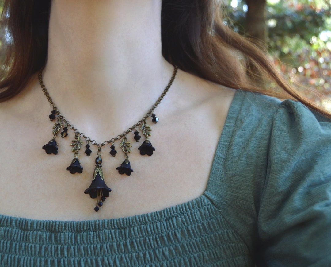 Black Flower Necklace Gothic Fairy Style Pendant With Crystals and ...