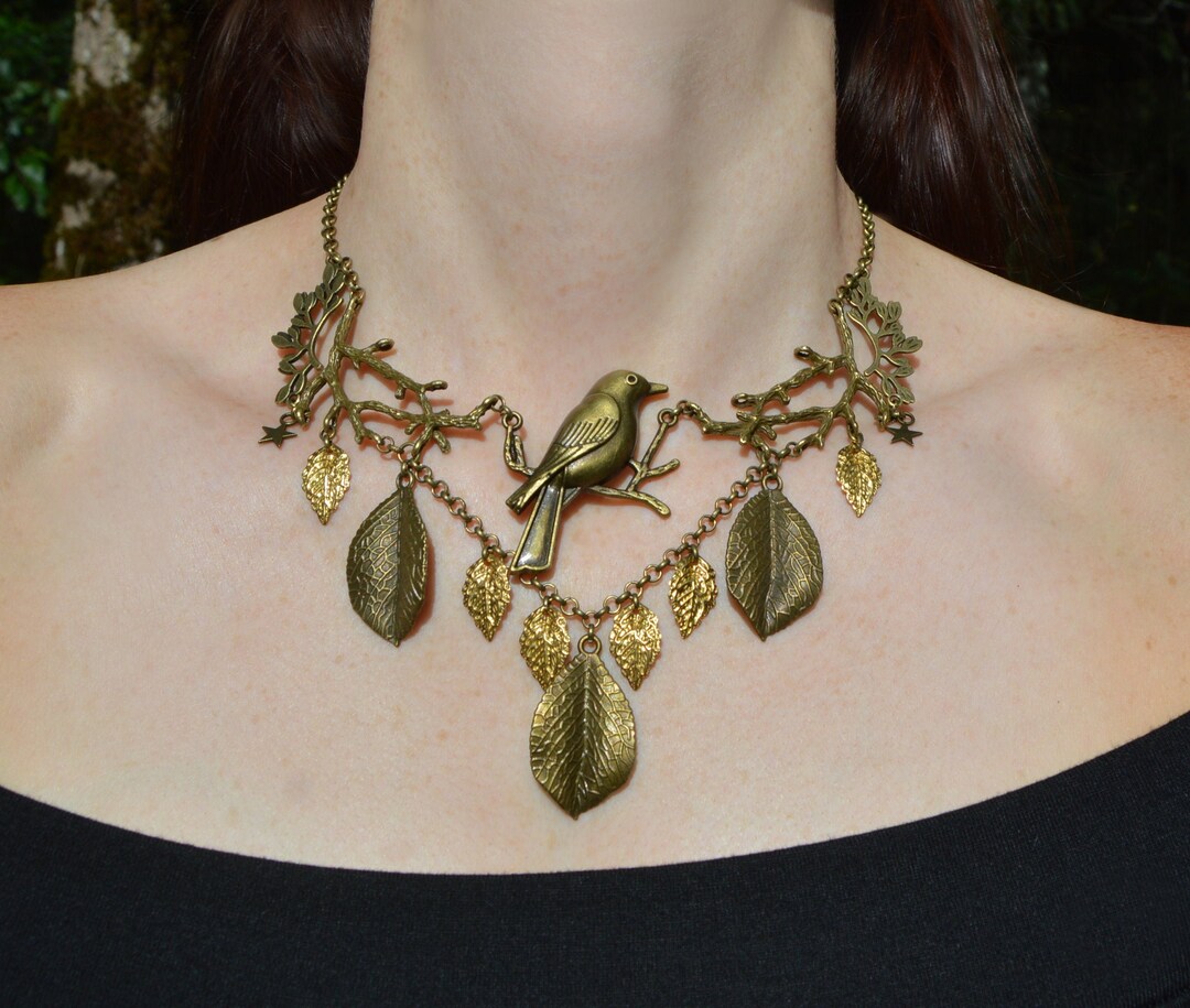 Bird Necklace With Leaves, Cottagecore Bronze Twig Necklace, Fairy ...