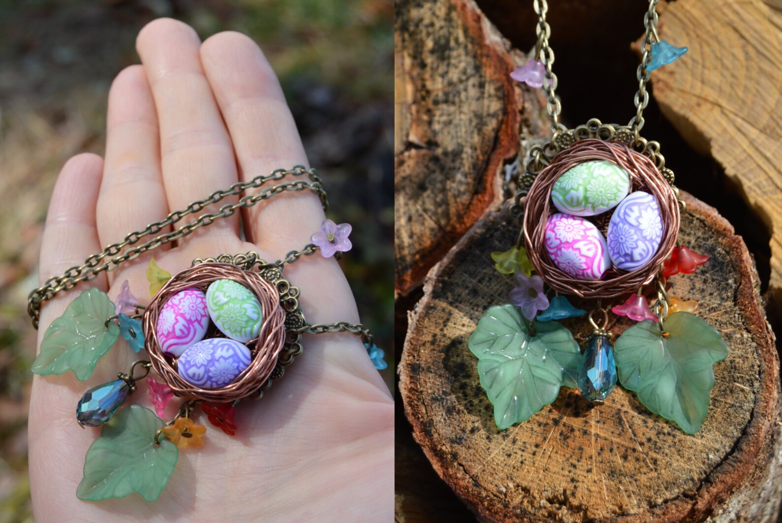 Easter Egg Necklace, Birds Nest Pendant, Pisanki Eggs Easter Necklace ...
