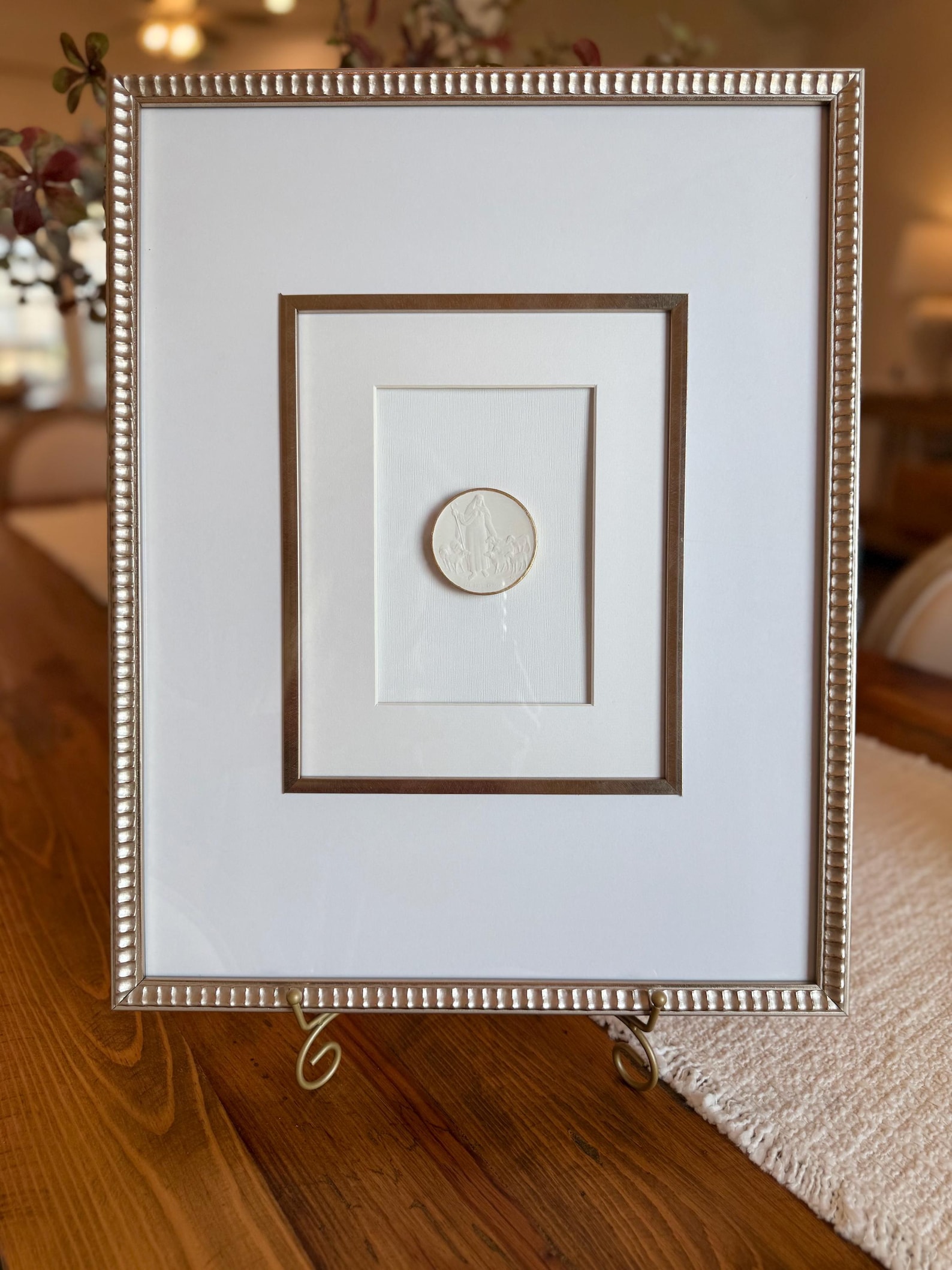 Framed Biblical Intaglio Art: Chapange Gold Beaded Frame, White Linen ...