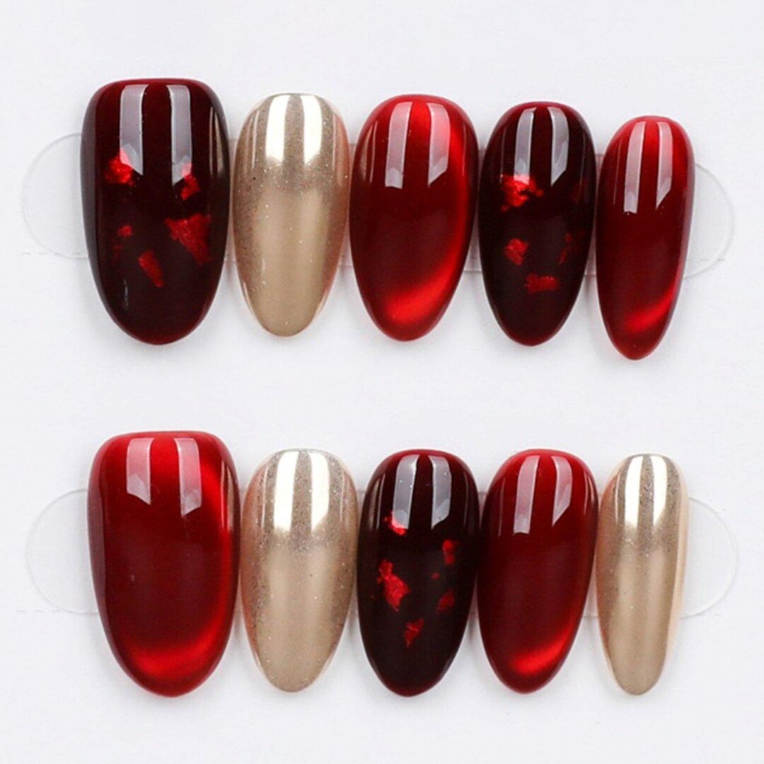 Handmade Ruby Red Flame Press-on Nails: Gold Metallic Almond Nail Set ...