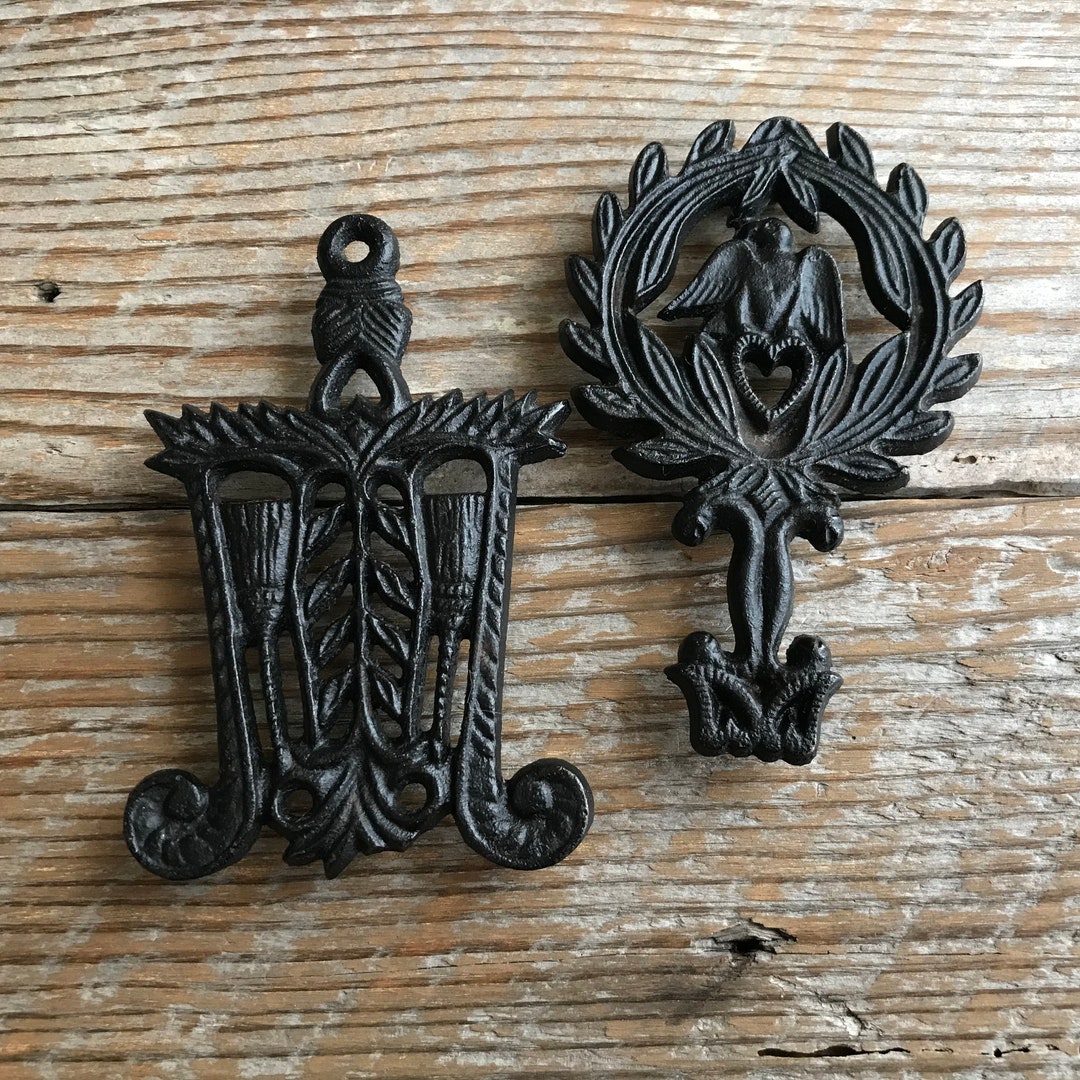2 Cast Iron Mini Trivets, Eagle, Broom Hot Plates Farmhouse Country ...