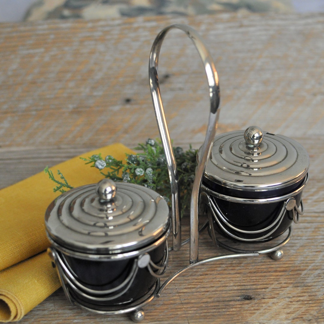 Cobalt Blue Condiment Silver Caddy, Blue Glass, Table Serving, Sauce ...