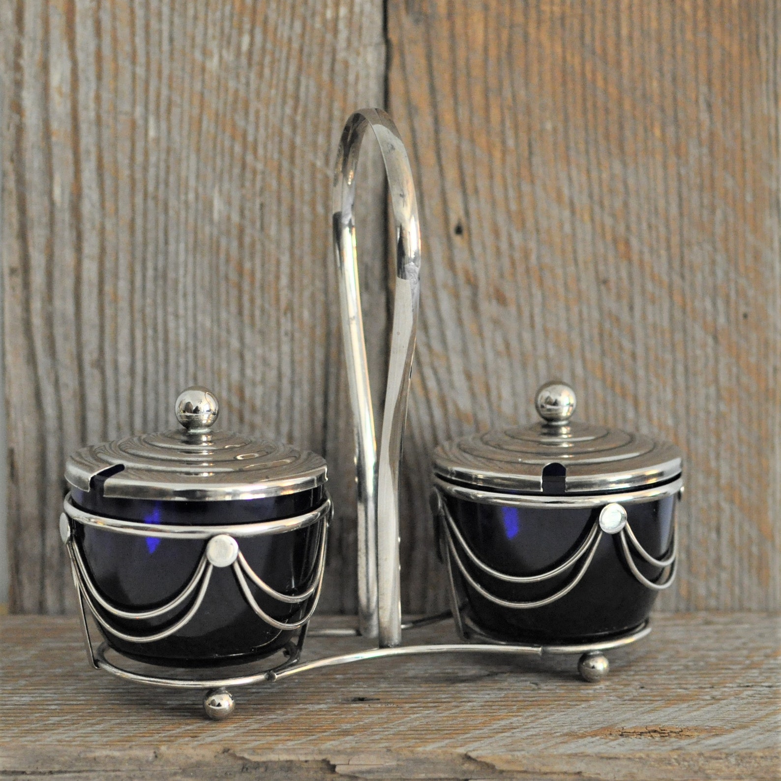Cobalt Blue Condiment Silver Caddy Blue Glass Table Serving | Etsy