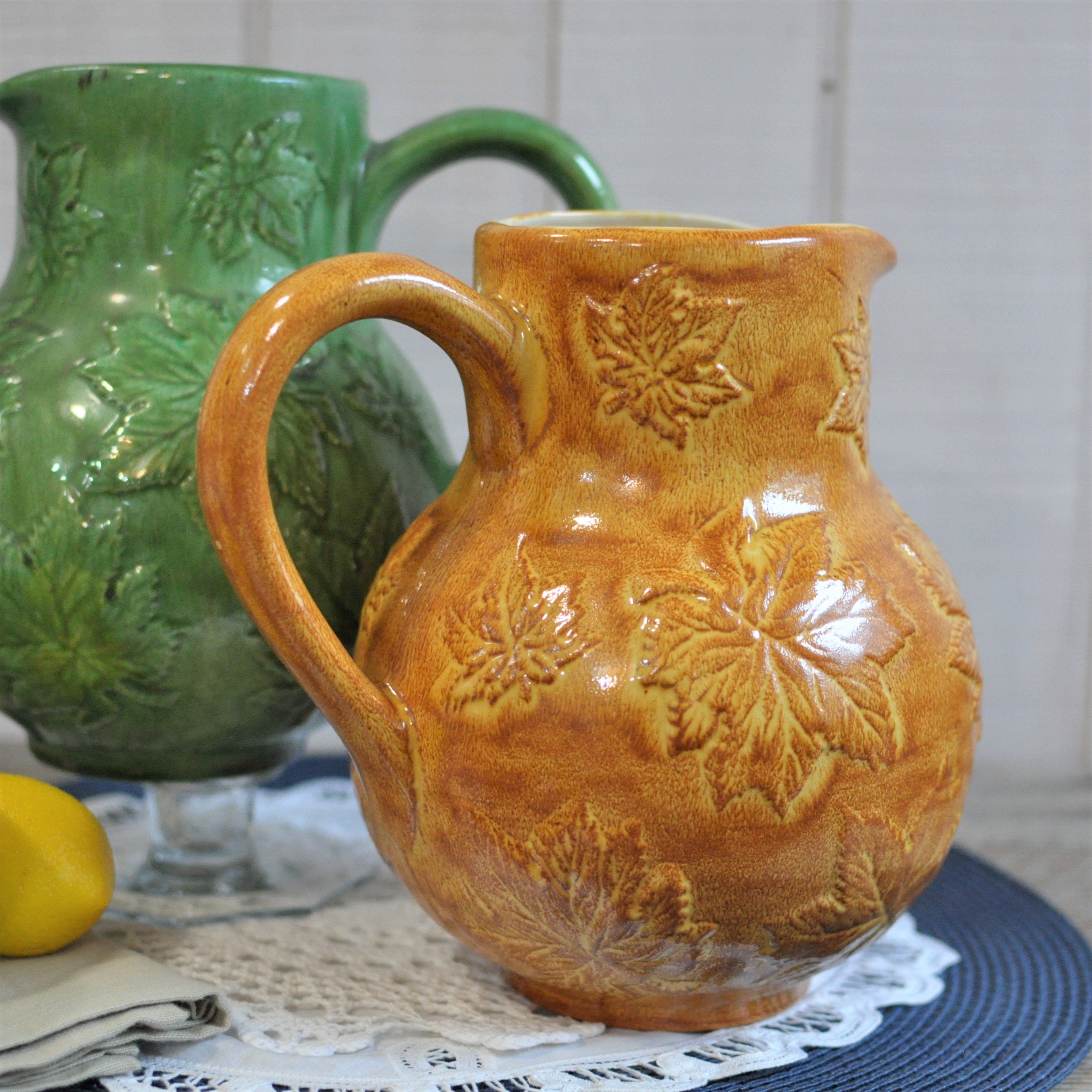 Vintage Ceramic Pitcher, Water Ewer Lemonade Server, Embossed Leaf ...