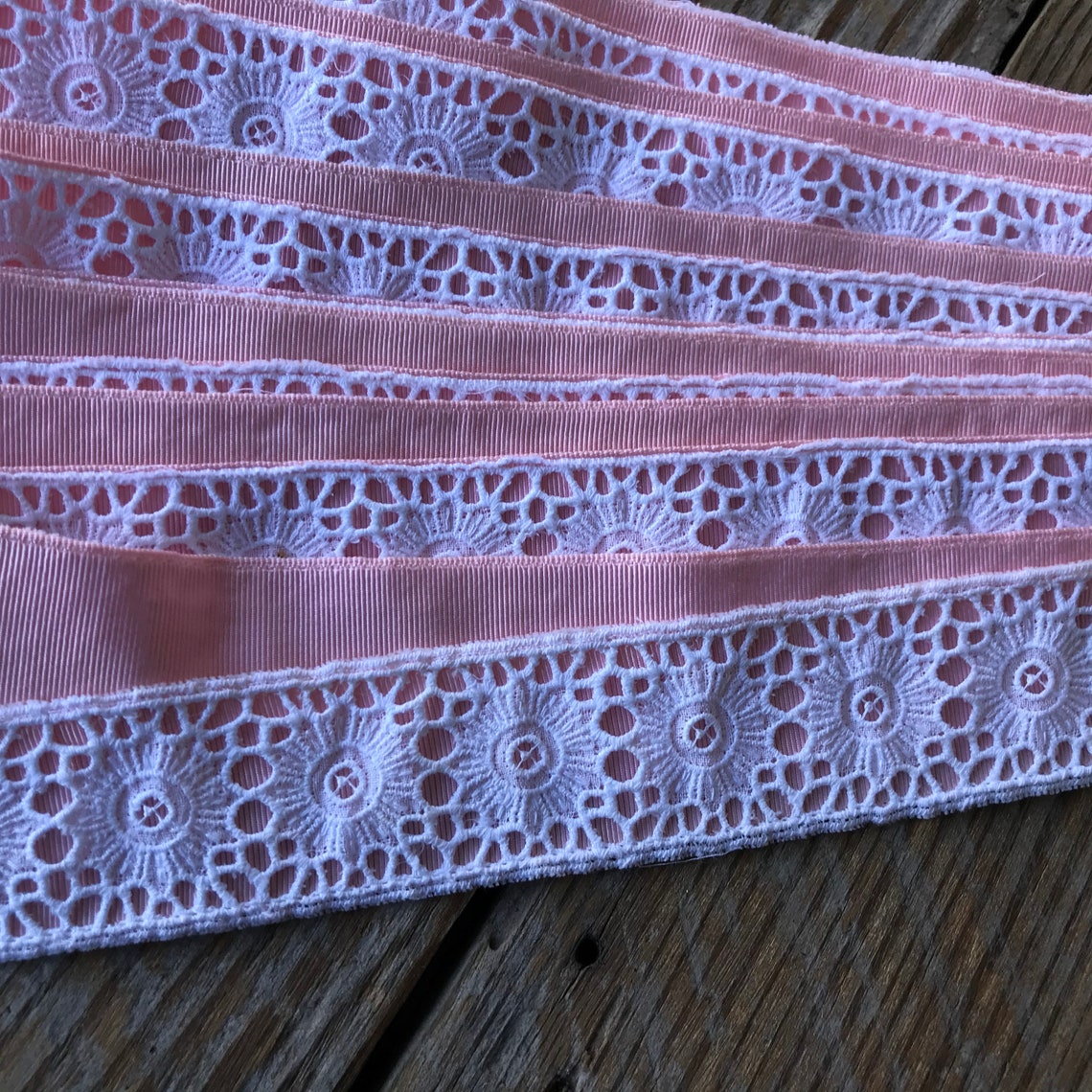 7 Yards White and Pink Cutwork Flowers, Edging, Garment Embellishment ...