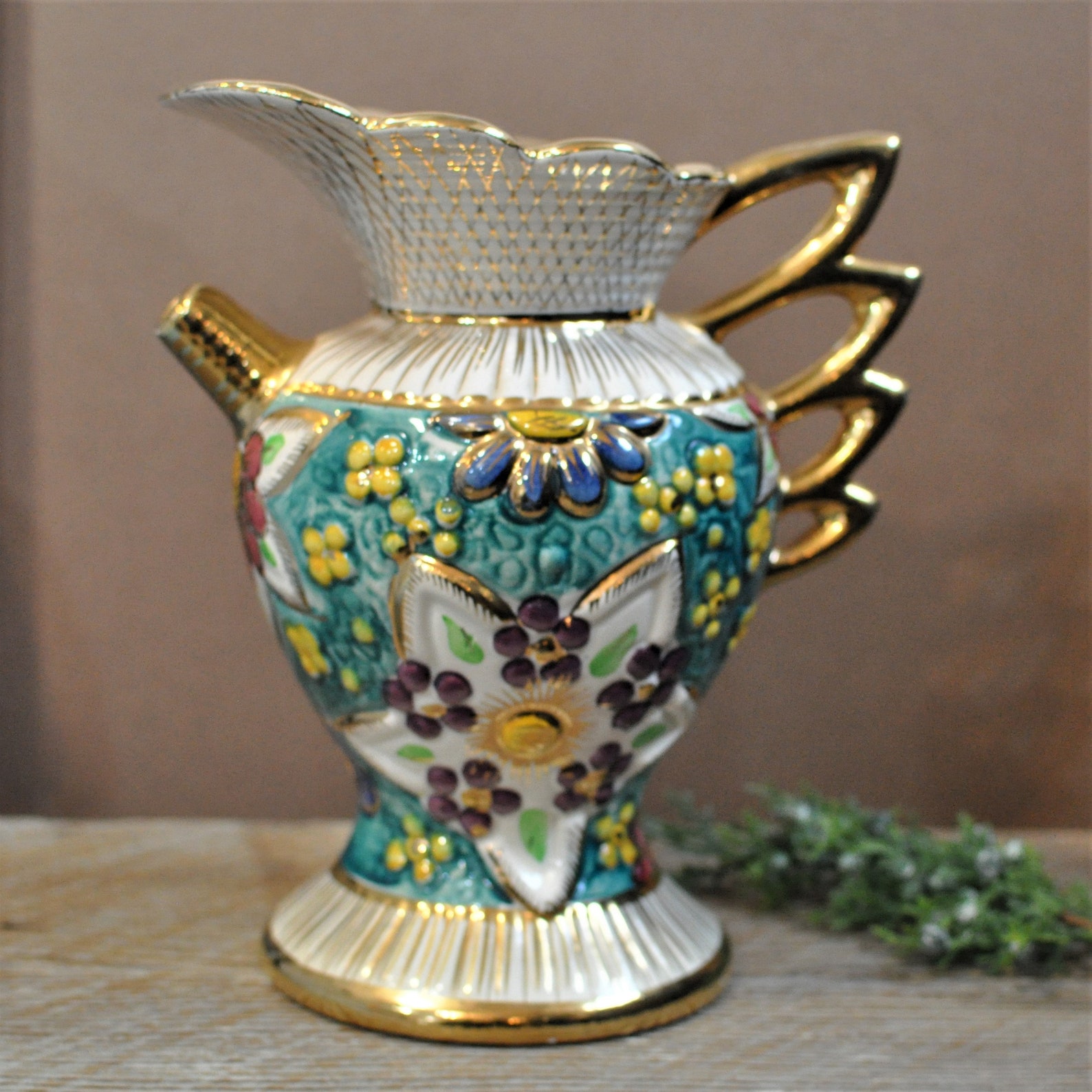 Bequet Belgium Pottery, Ornate Gilt Flower Vase, Turquoise Pitcher ...