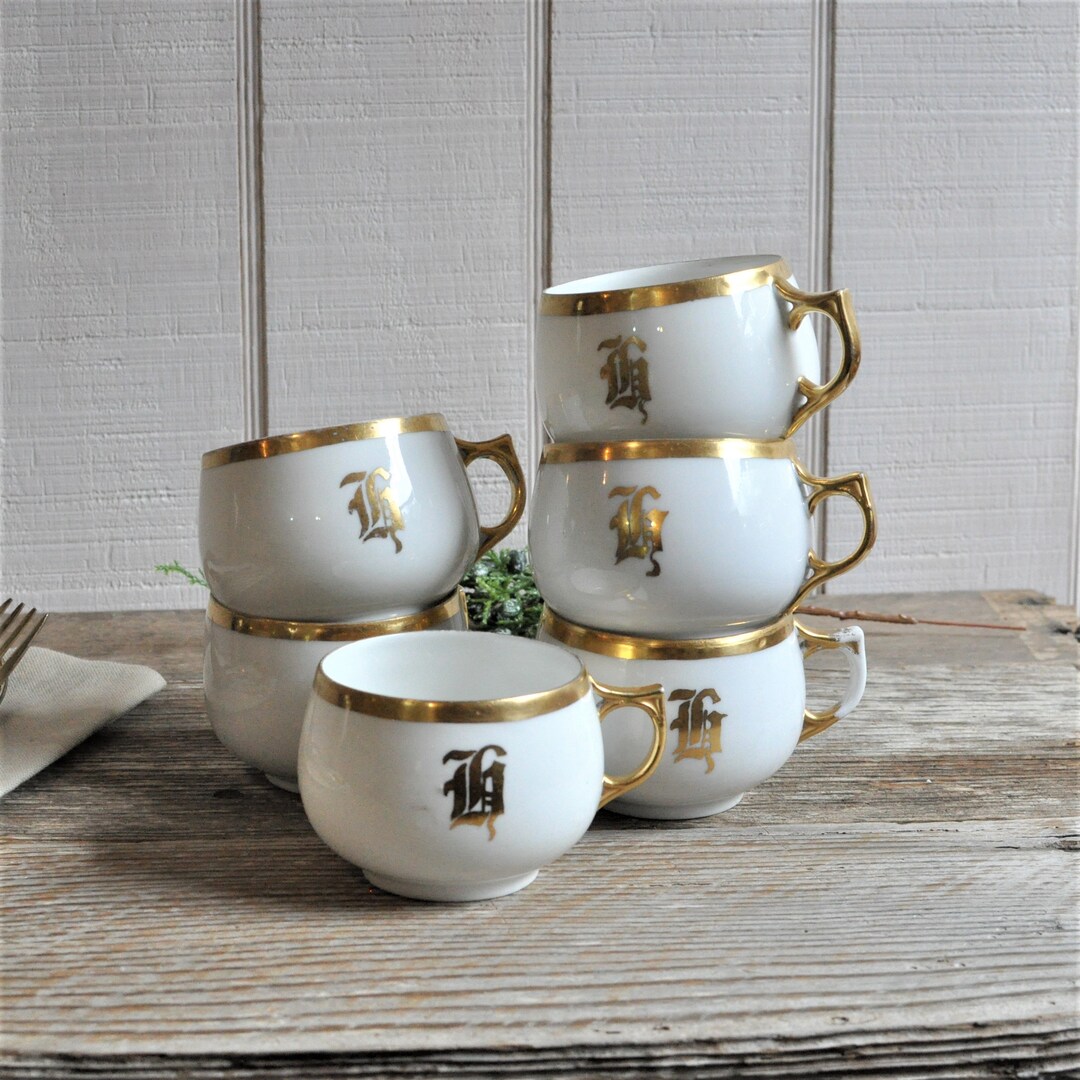 H. Wehinger Porcelain Teacups, Set of 6, Monogrammed Letter G, Gold ...