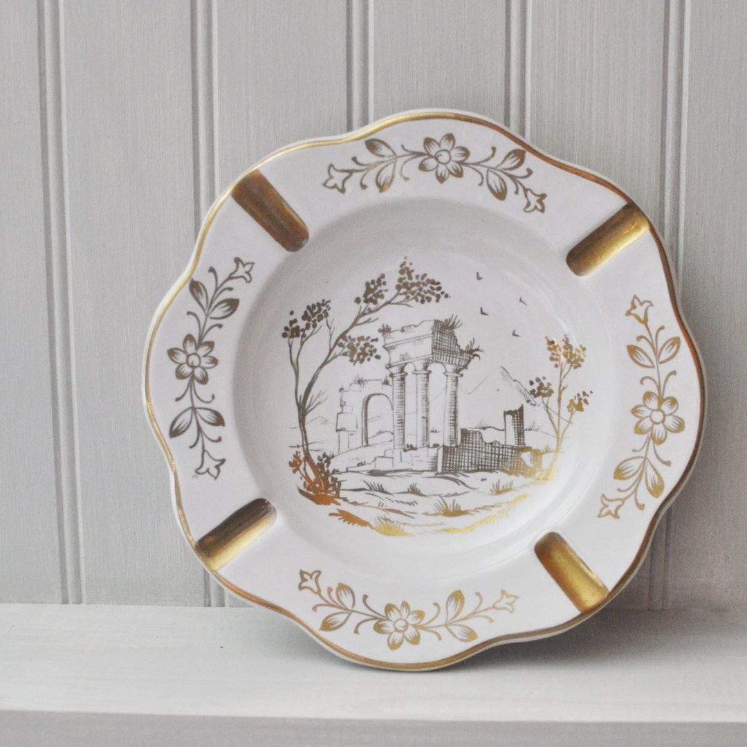 Vintage Ashtray, White Porcelain, Gold Trim, Arch Column Gate, Trinket ...
