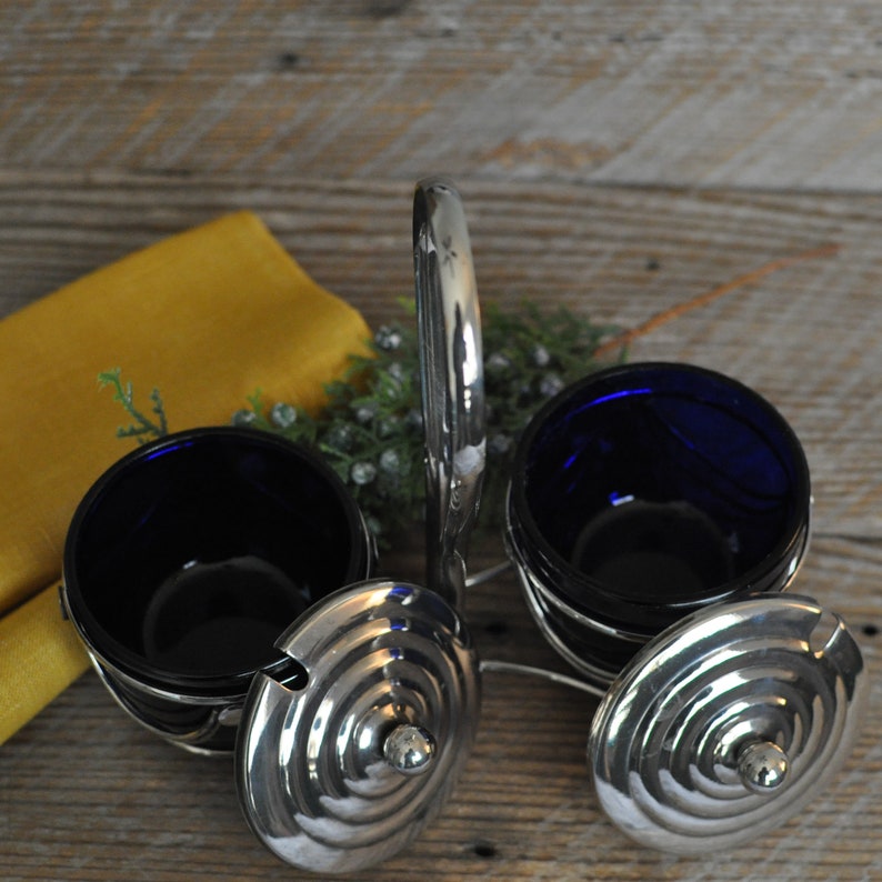 Cobalt Blue Condiment Silver Caddy Blue Glass Table Serving | Etsy