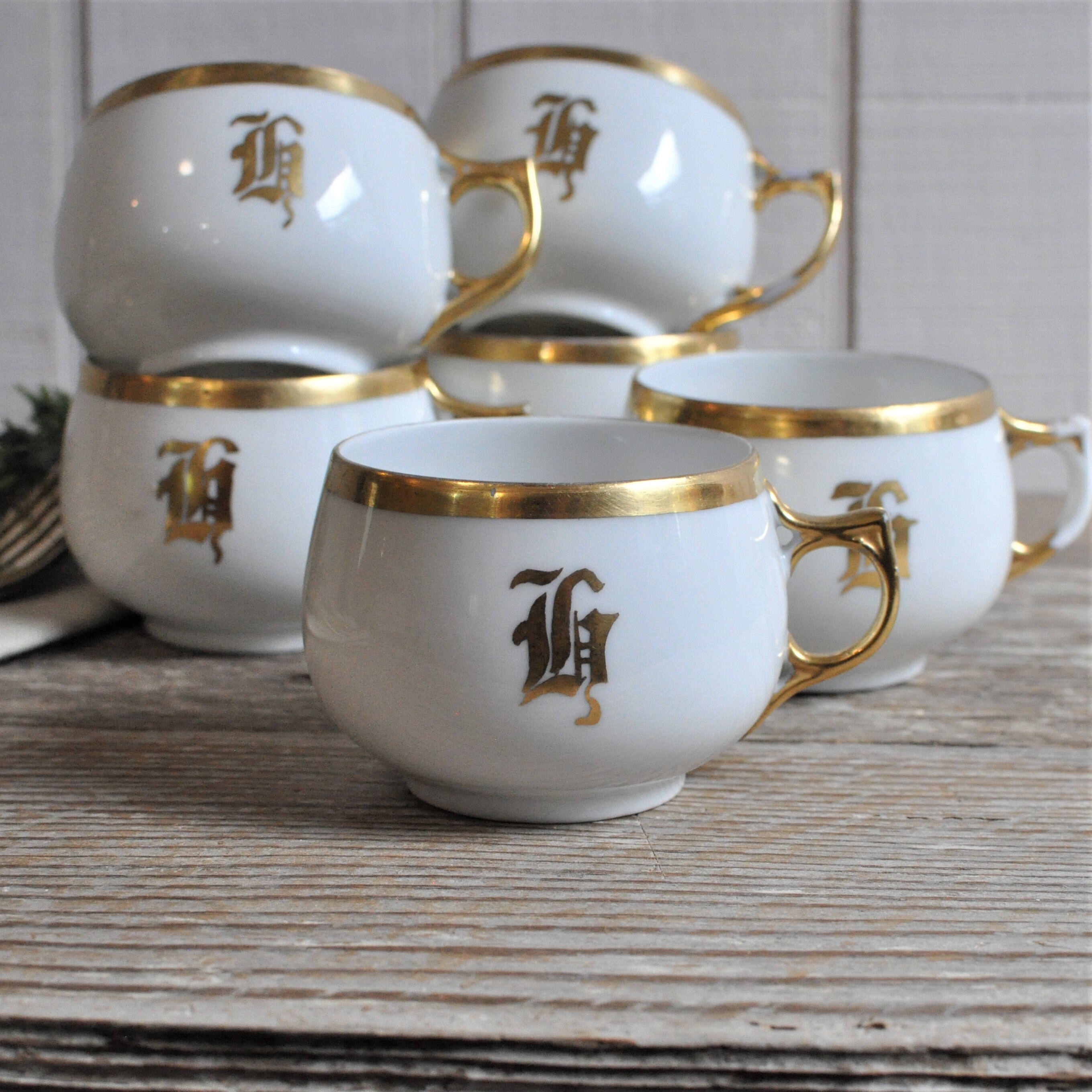 6 H. Wehinger Teacups, Monogrammed, Letter G, Porcelain Flat Tea Cups ...