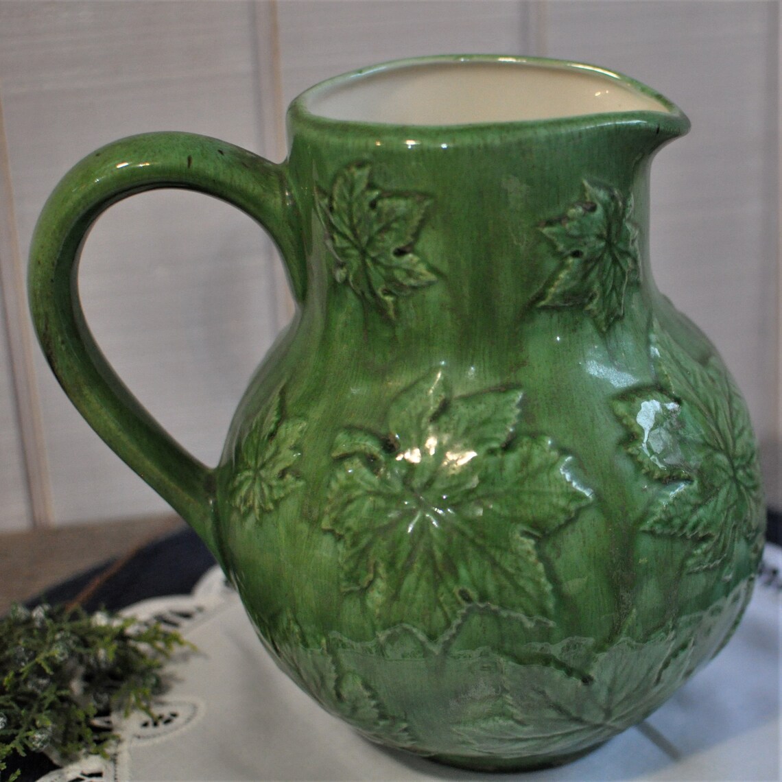 Vintage Ceramic Pitcher, Water Ewer Lemonade Server, Embossed Leaf ...