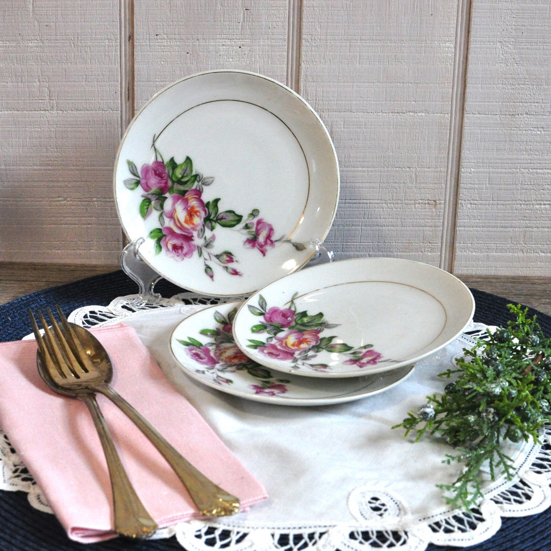 Vintage Tea Rose Plates Set, Gold Trim, Mismatched China - Etsy