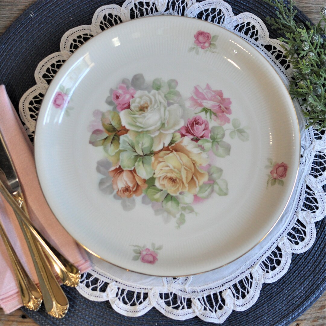 Bavaria Floral Plate, Pink & Yellow Tea Roses, Gold Trim, Dinner Plate ...