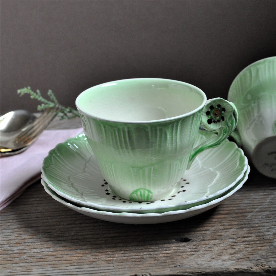 Genuine Staffordshire, Teacup and Saucer, Green Embossed Flat Tea Cup ...