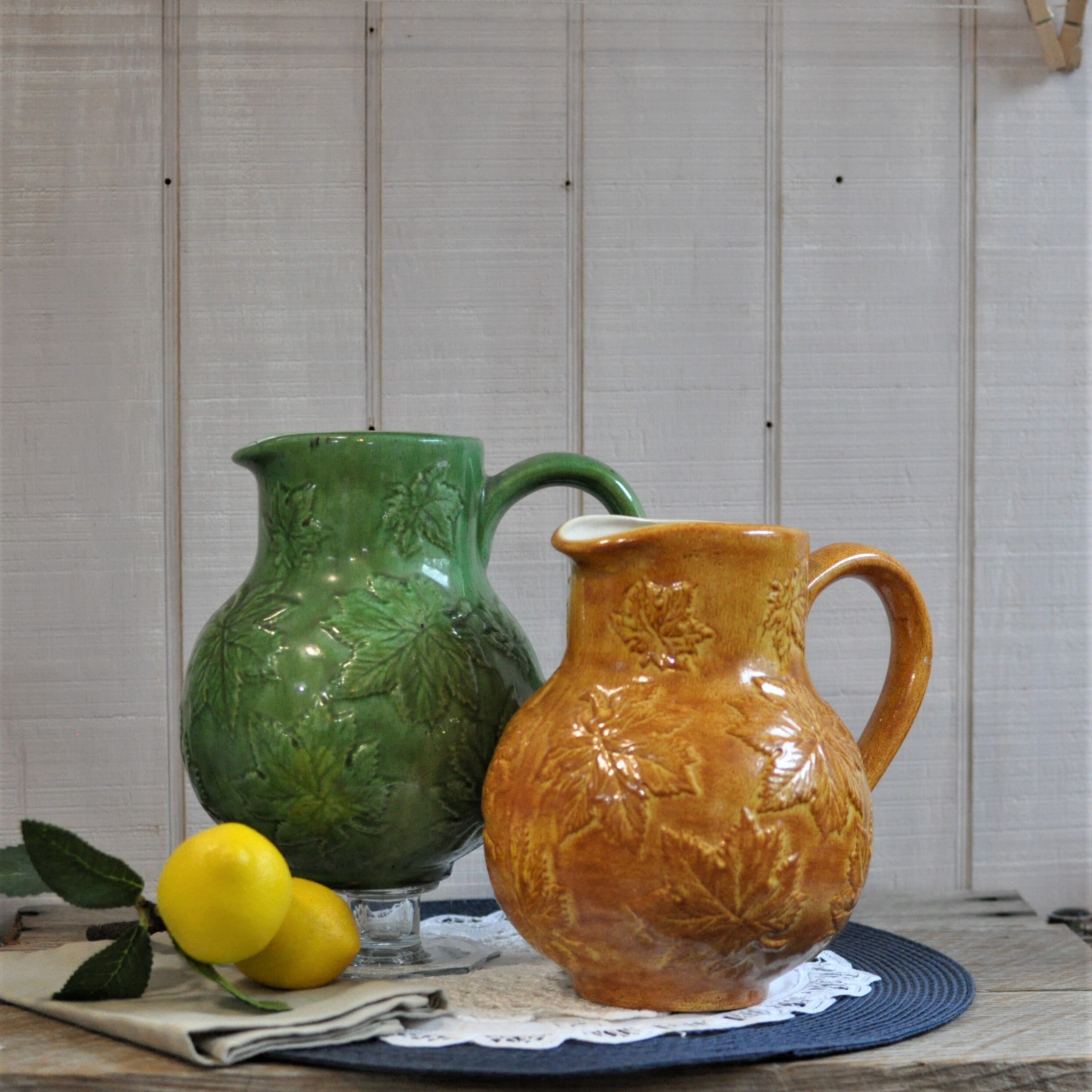Vintage Ceramic Pitcher, Water Ewer Lemonade Server, Embossed Leaf ...