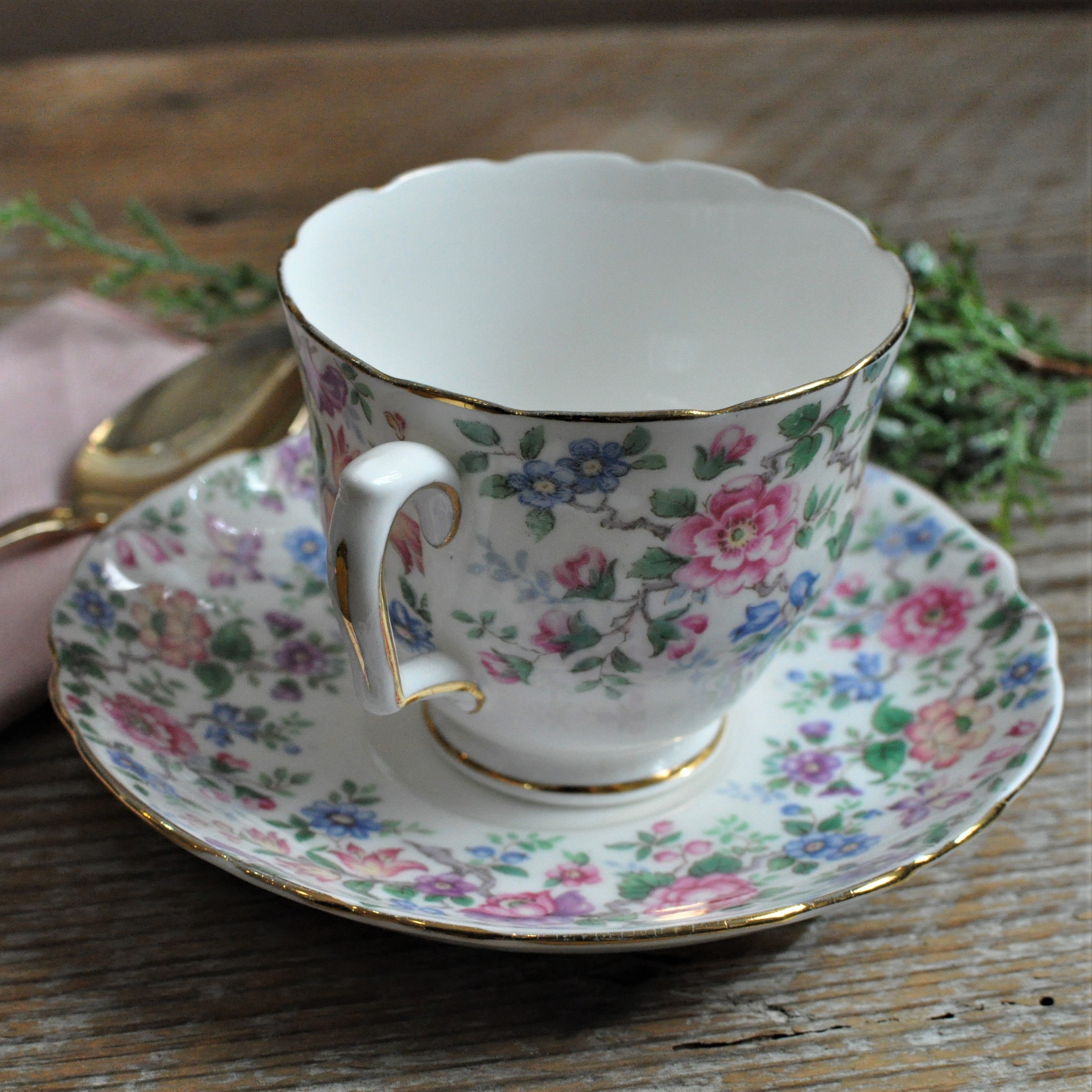 Crown Staffordshire Teacup & Saucer, Footed Tea Cup, Springtime ...