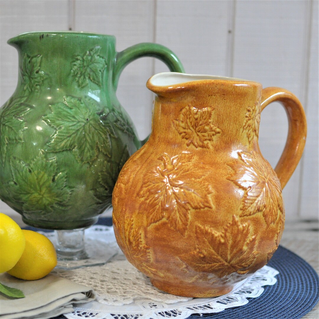 Vintage Ceramic Pitcher, Water Ewer Lemonade Server, Embossed Leaf ...