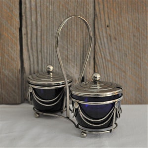 Cobalt Blue Condiment Silver Caddy, Blue Glass, Table Serving, Sauce ...