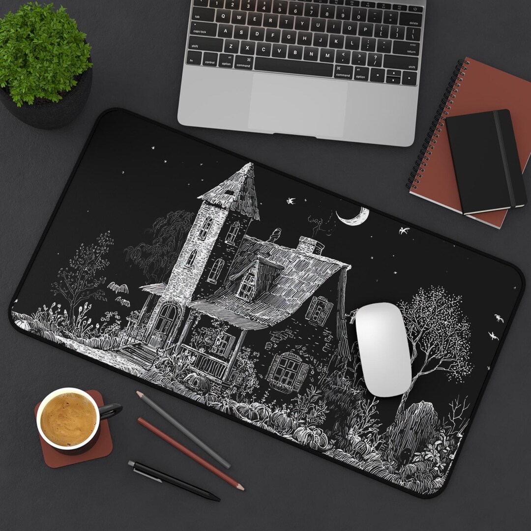 Haunted House Desk Mat: Spooky Black & White Office Decor - Etsy
