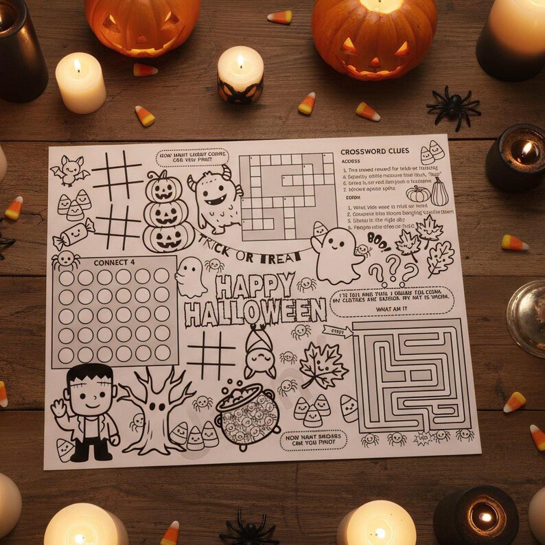 Halloween Printable Placemat for Kids, Coloring Page With Puzzles ...