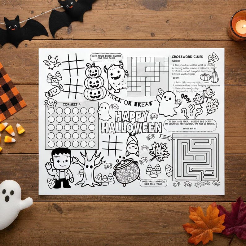 Halloween Printable Placemat for Kids, Coloring Page With Puzzles ...