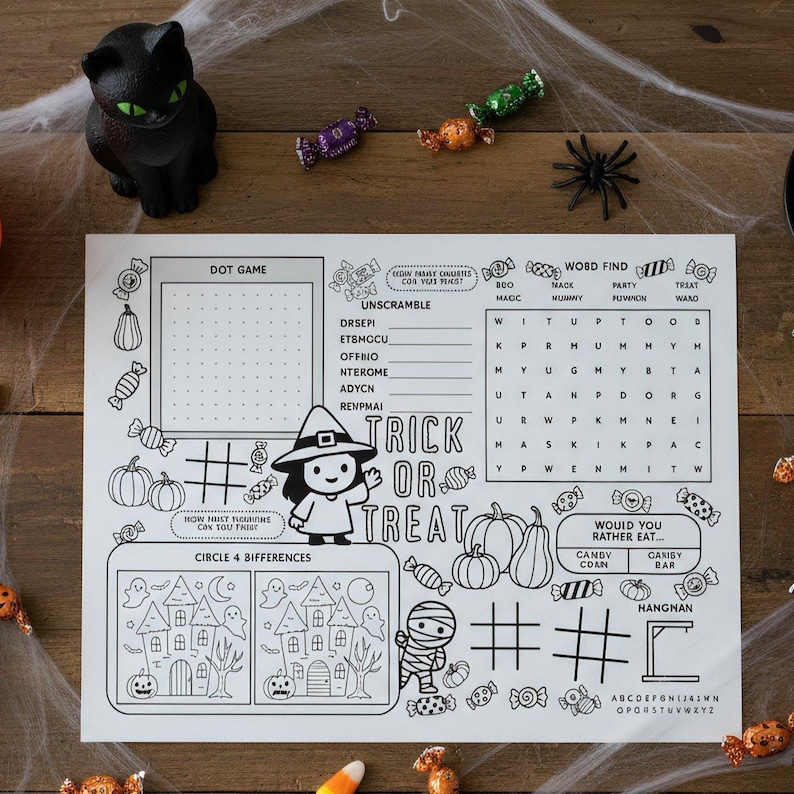 Halloween Printable Placemat for Kids, Coloring Page With Puzzles ...