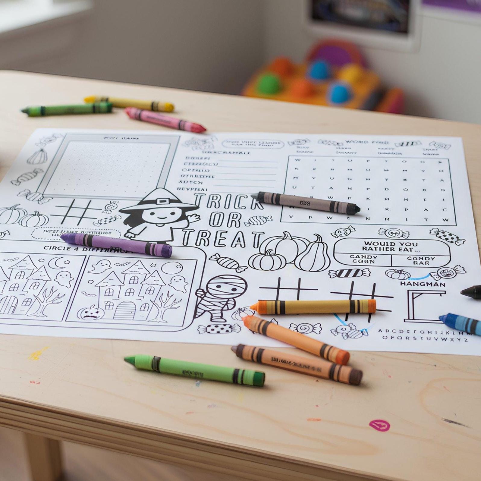 Halloween Printable Placemat for Kids, Coloring Page With Puzzles ...