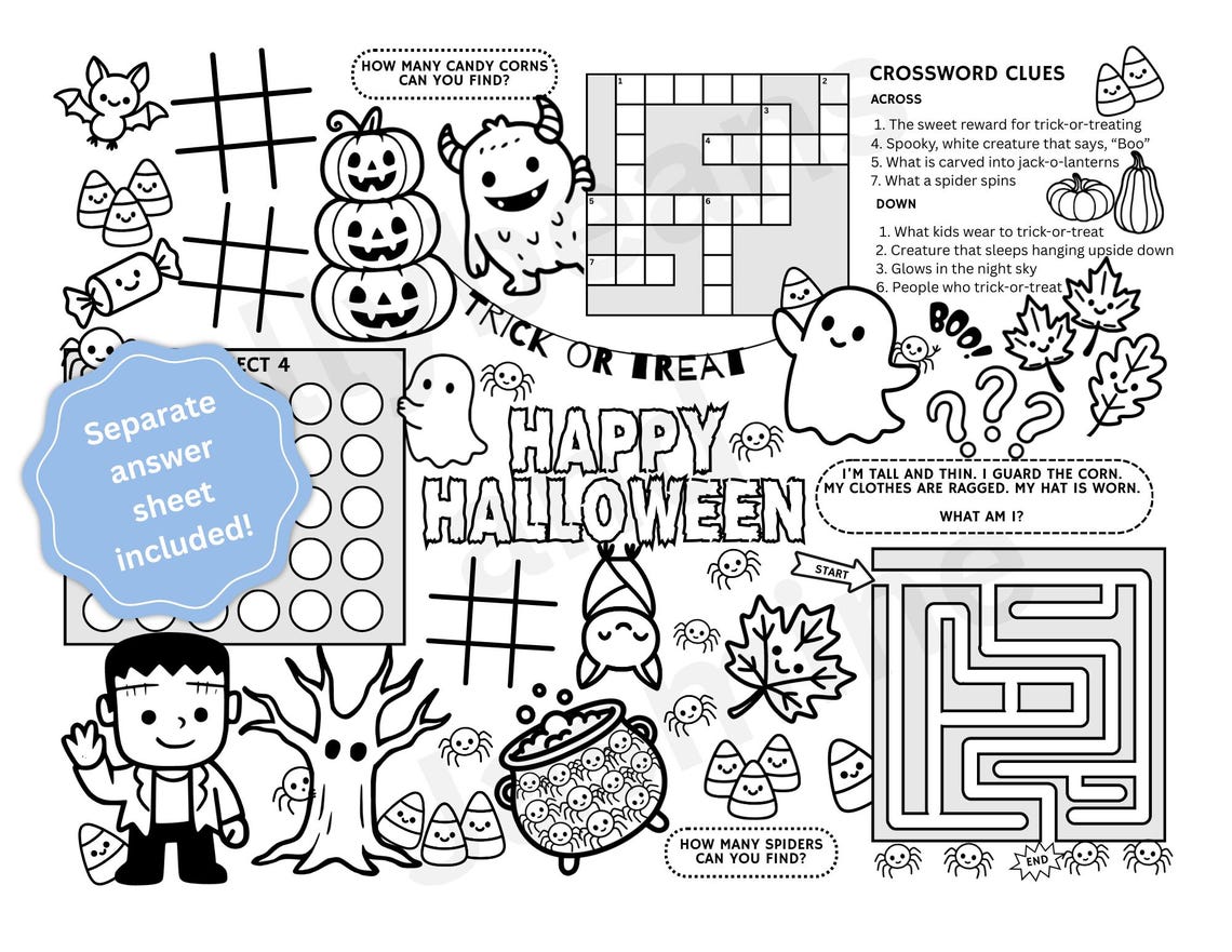 Halloween Printable Placemat for Kids, Coloring Page With Puzzles ...