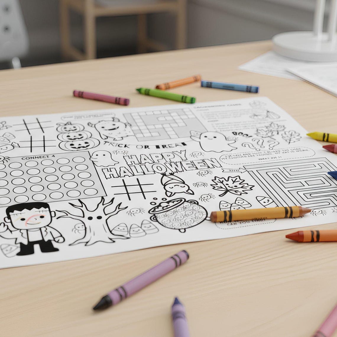 Halloween Printable Placemat for Kids, Coloring Page With Puzzles ...