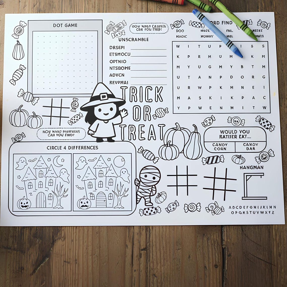 Halloween Printable Placemat for Kids, Coloring Page With Puzzles ...