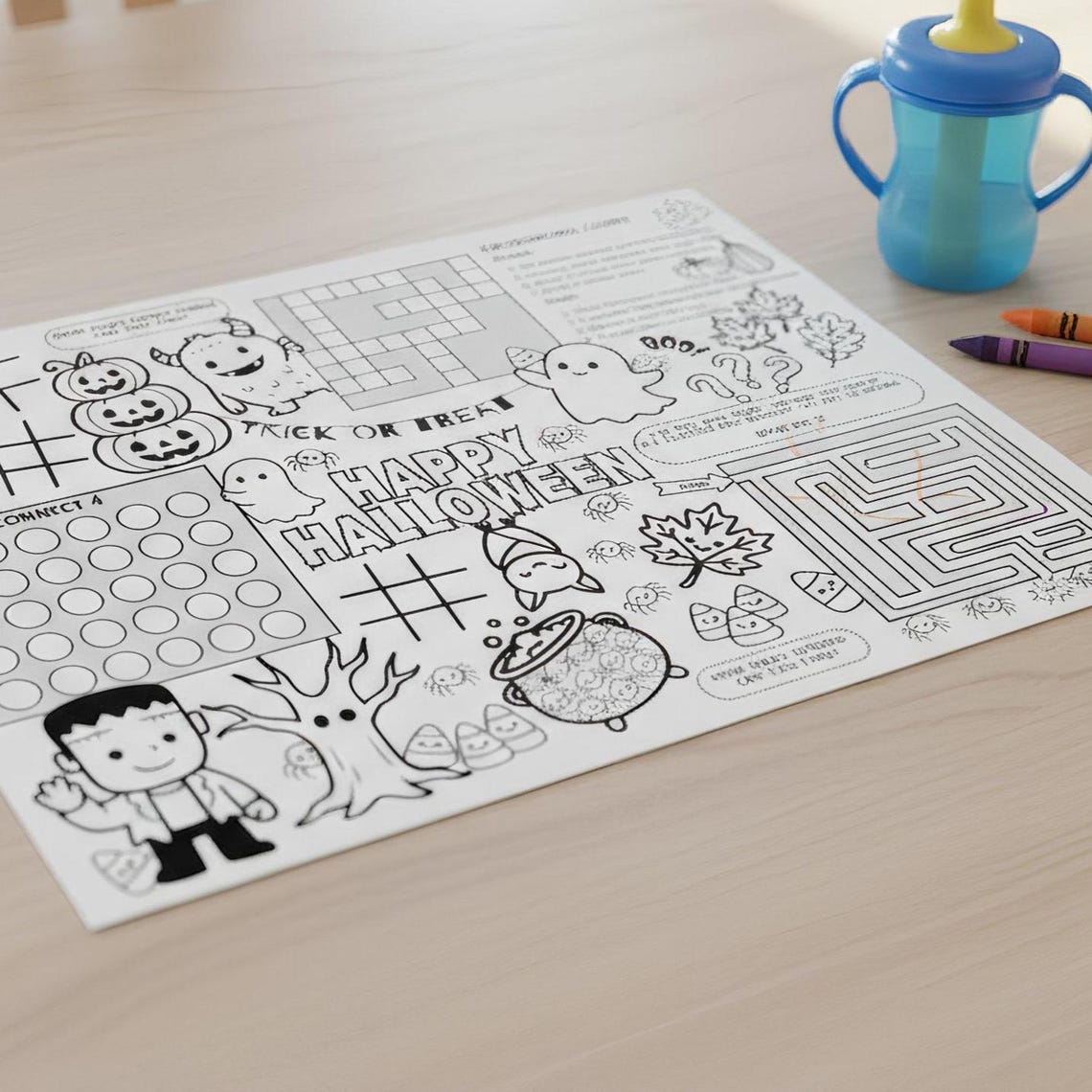 Halloween Printable Placemat for Kids, Coloring Page With Puzzles ...