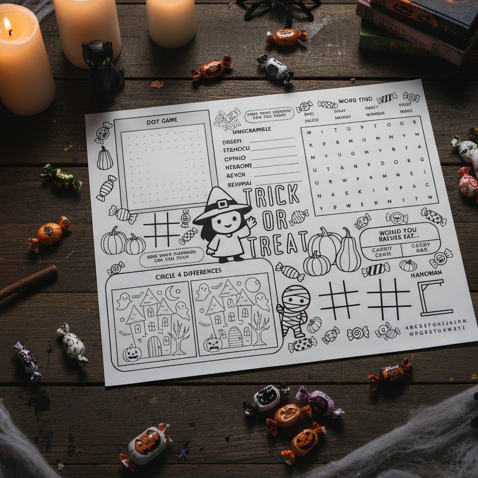 Halloween Printable Placemat for Kids, Coloring Page With Puzzles ...