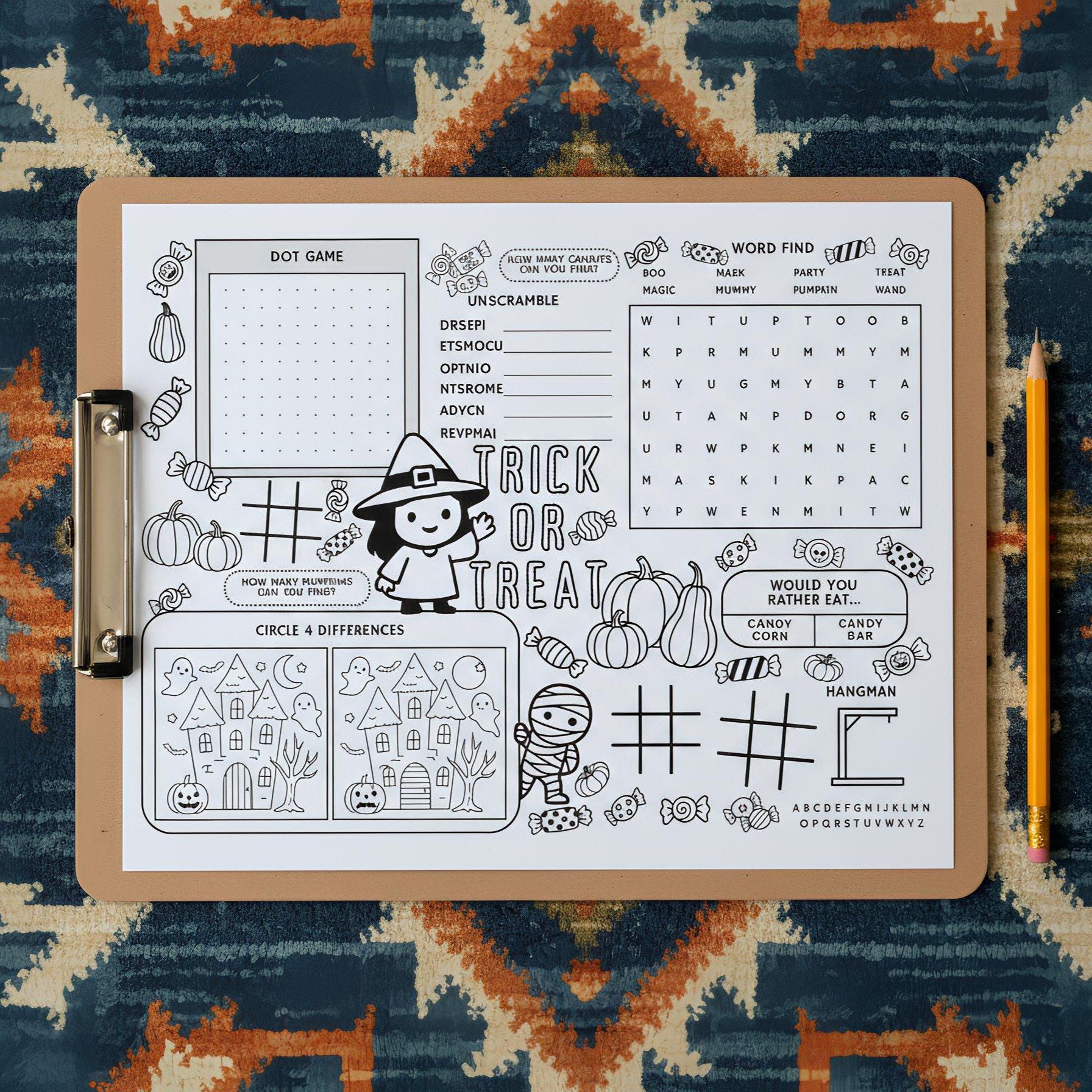 Halloween Printable Placemat for Kids, Coloring Page With Puzzles ...