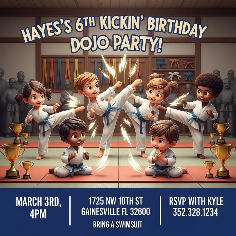 Karate Kick Dojo Birthday Invitation - Digital Martial Arts Party ...