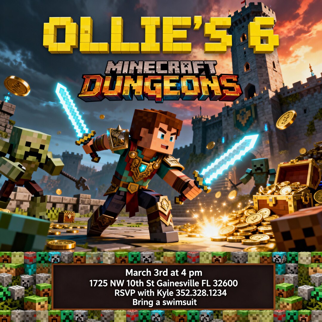 Minecraft Dungeons Birthday Invitation - Epic Glowing Swords, Ancient ...