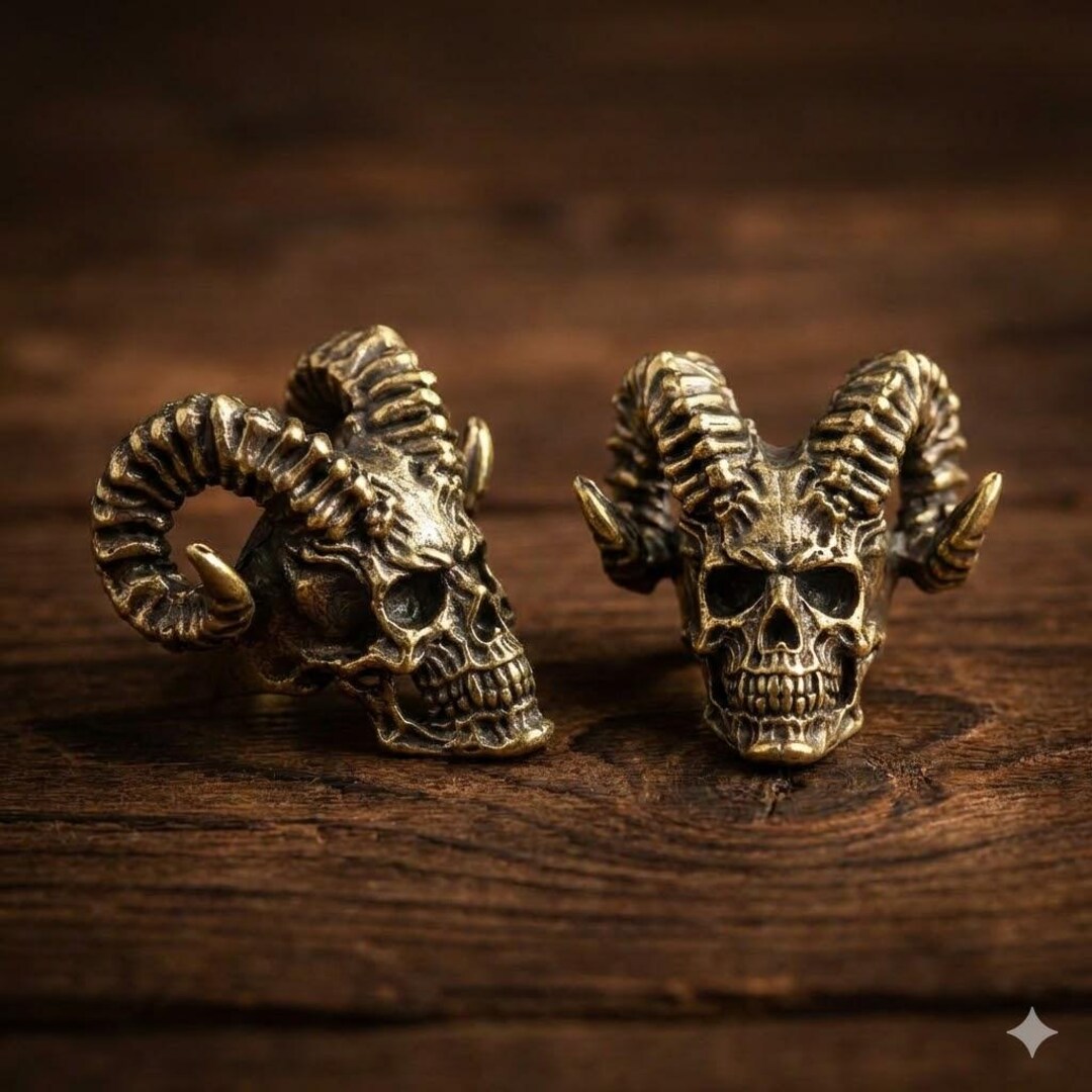 Solid Brass Horned Demon Skull Bead - Ram Head Gothic Paracord Bead ...