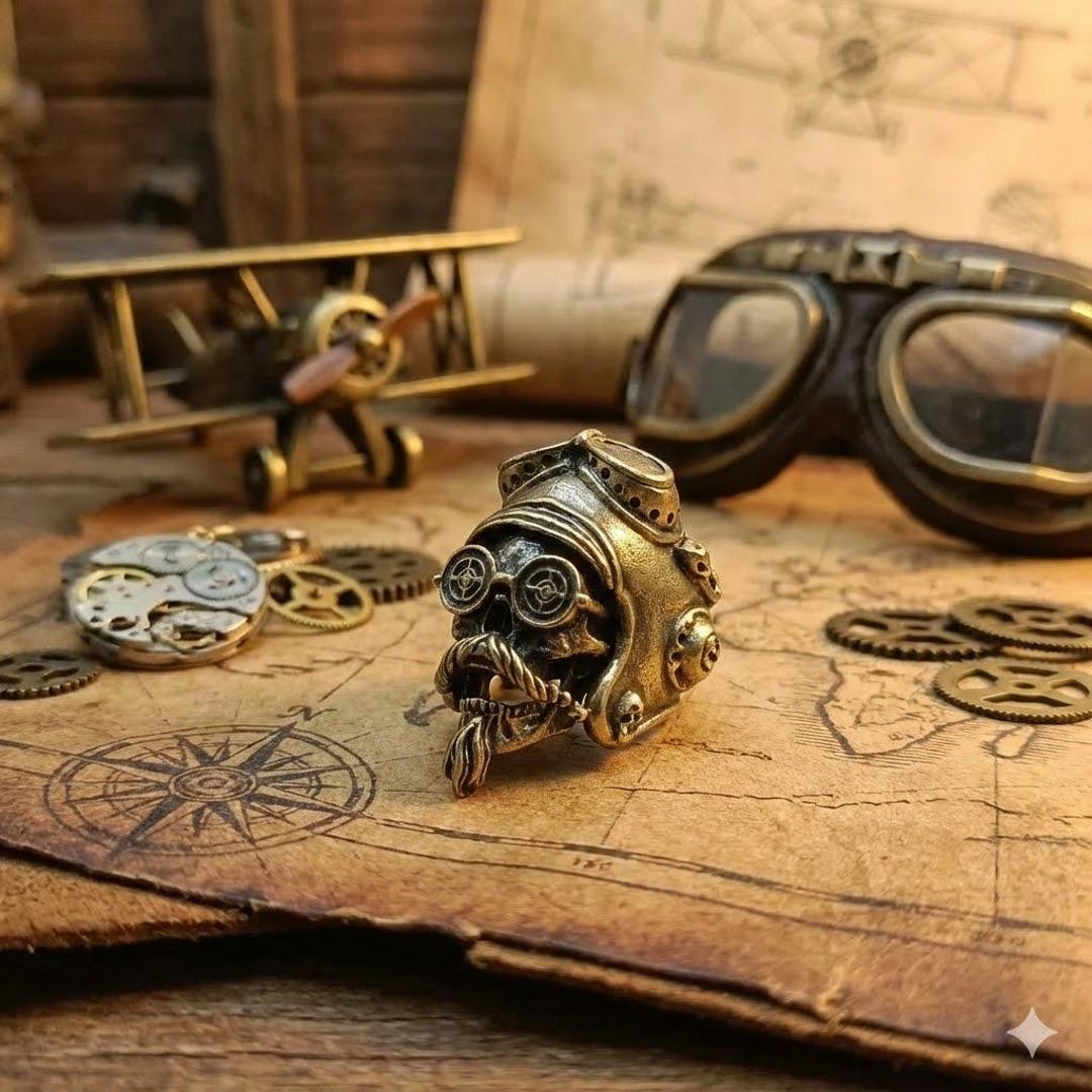 Steampunk Aviator Skull Bead - Antique Brass Paracord Charm - Vintage ...