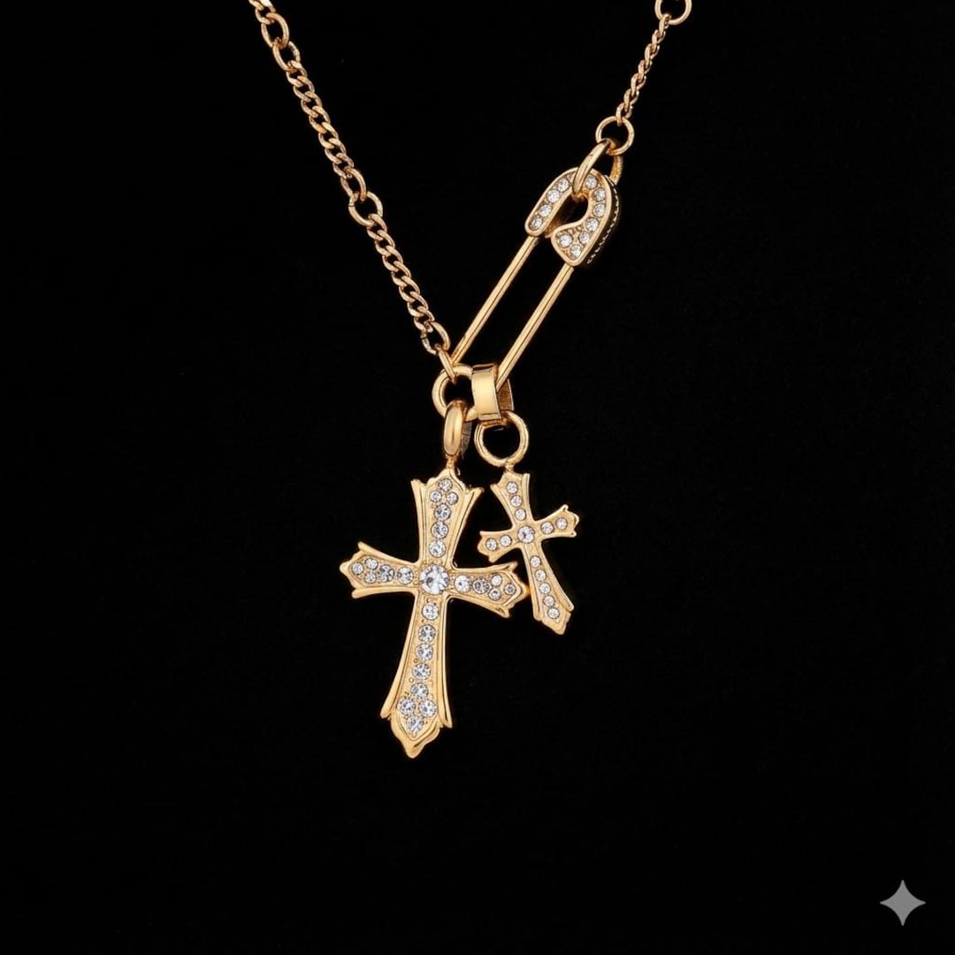 Safety Pin Cross Necklace – CZ Stainless Steel Charm, Figaro Chain - Etsy