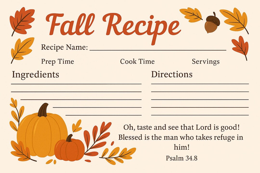 Fall Recipe Card Printable: Autumn Pumpkin Design (6x4 PDF) - Etsy