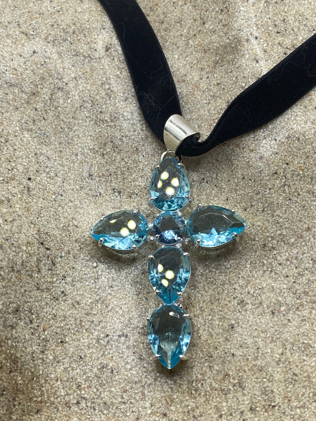 Vintage Aqua Blue Glass Cross Choker Necklace - Etsy