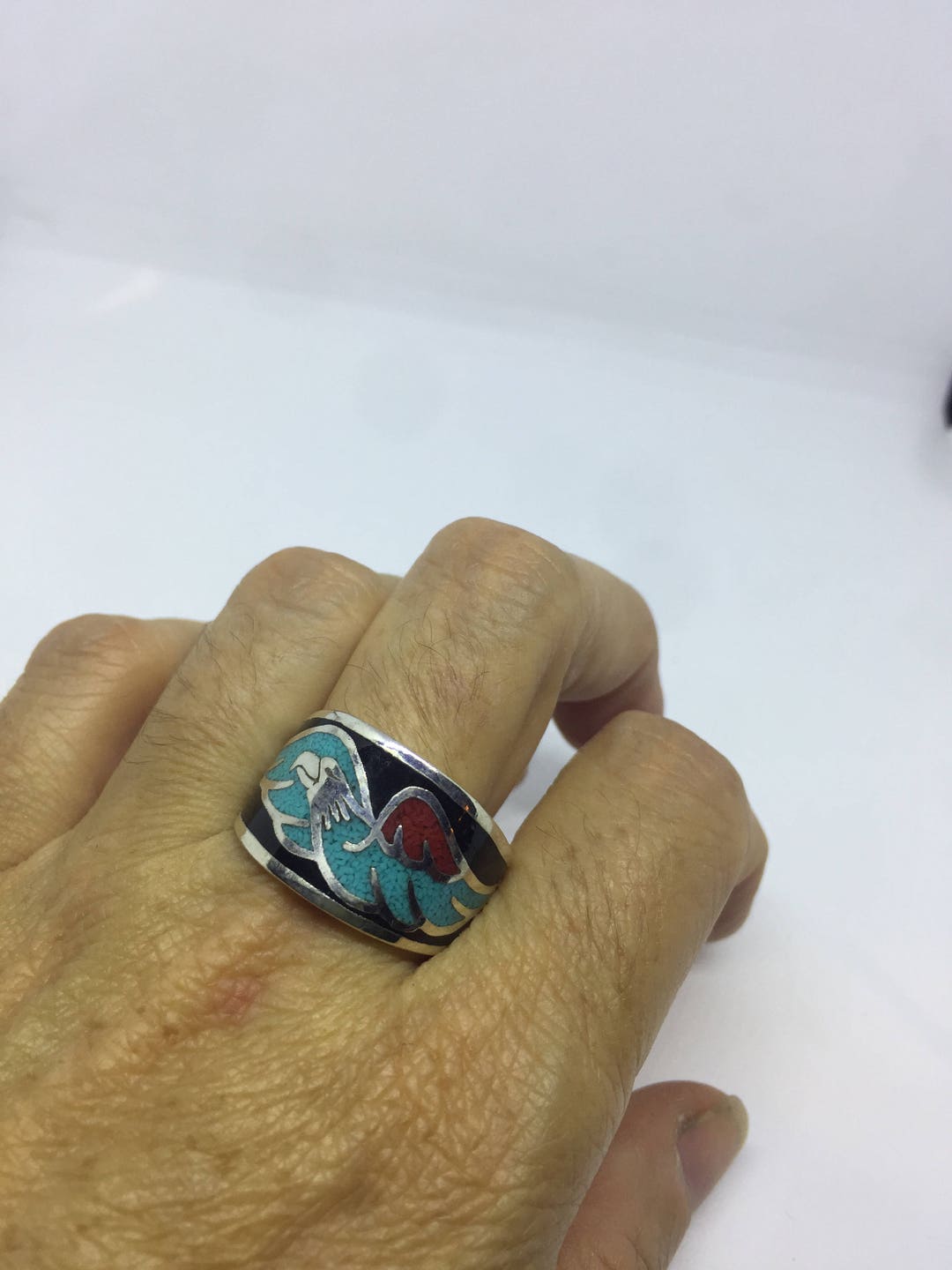 Vintage Native American Style Southwestern Turquoise Stone Inlay Mens ...